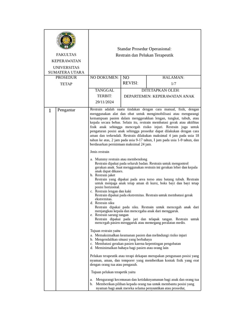 SOP Restrain Dan Pelukan Terapetik SM3 2024 | PDF
