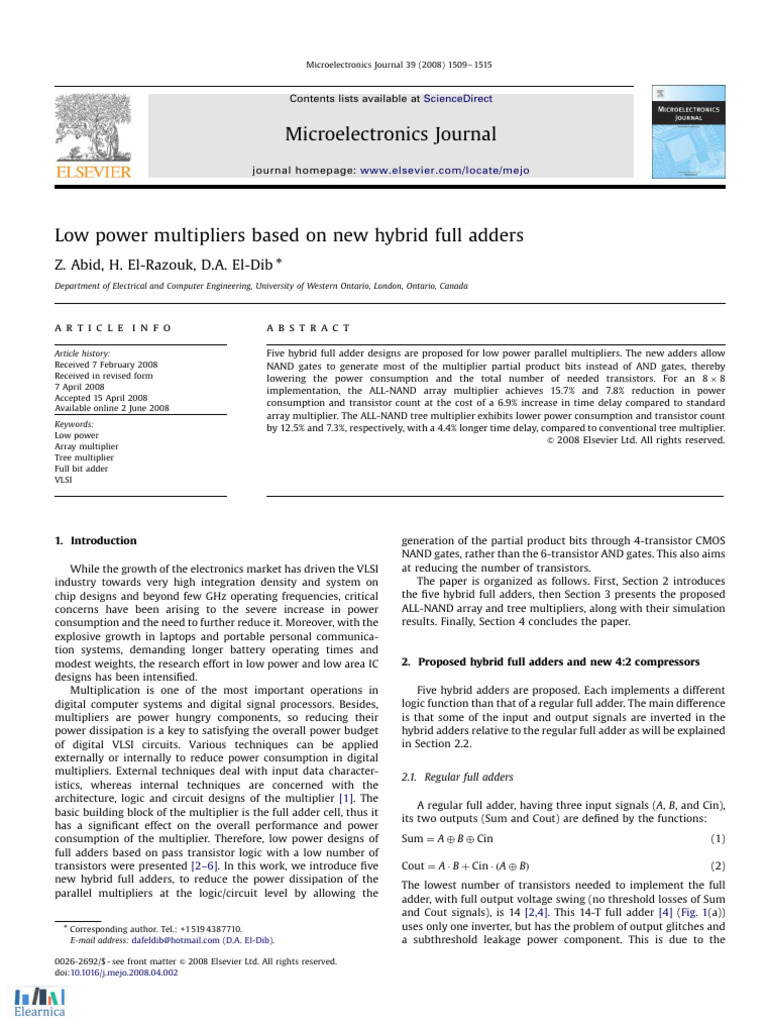 Low Power Hybrid Full Adders for Multipliers | PDF | Electronic ...