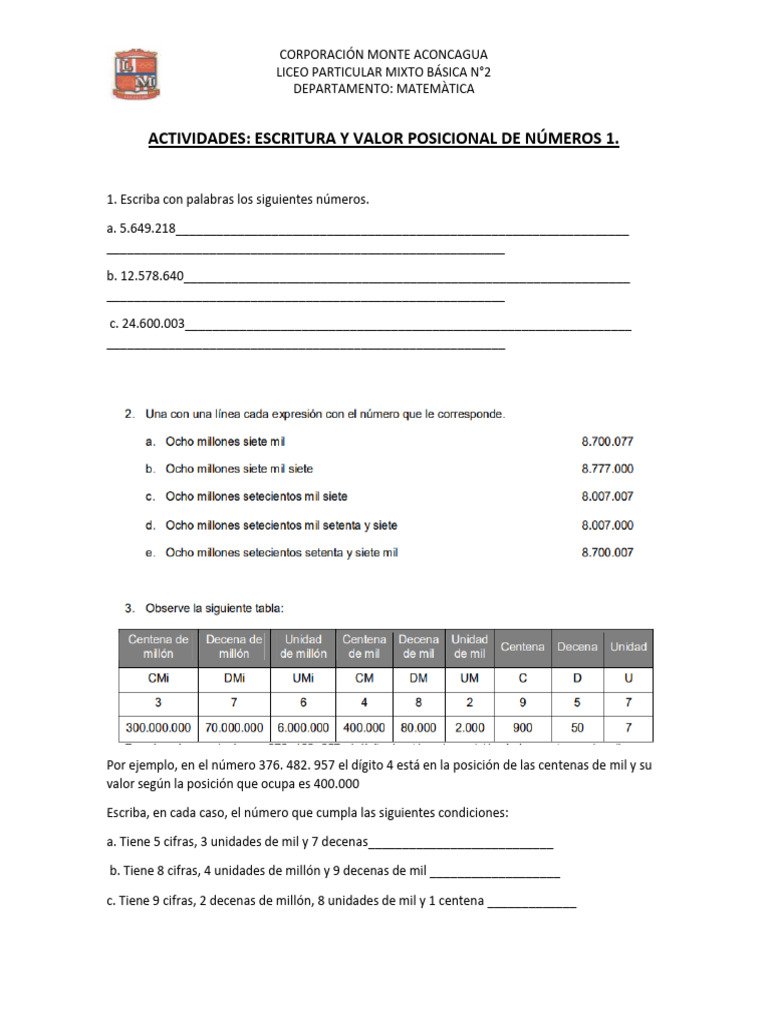 Actividades de Valor Posicional en Matemáticas | PDF
