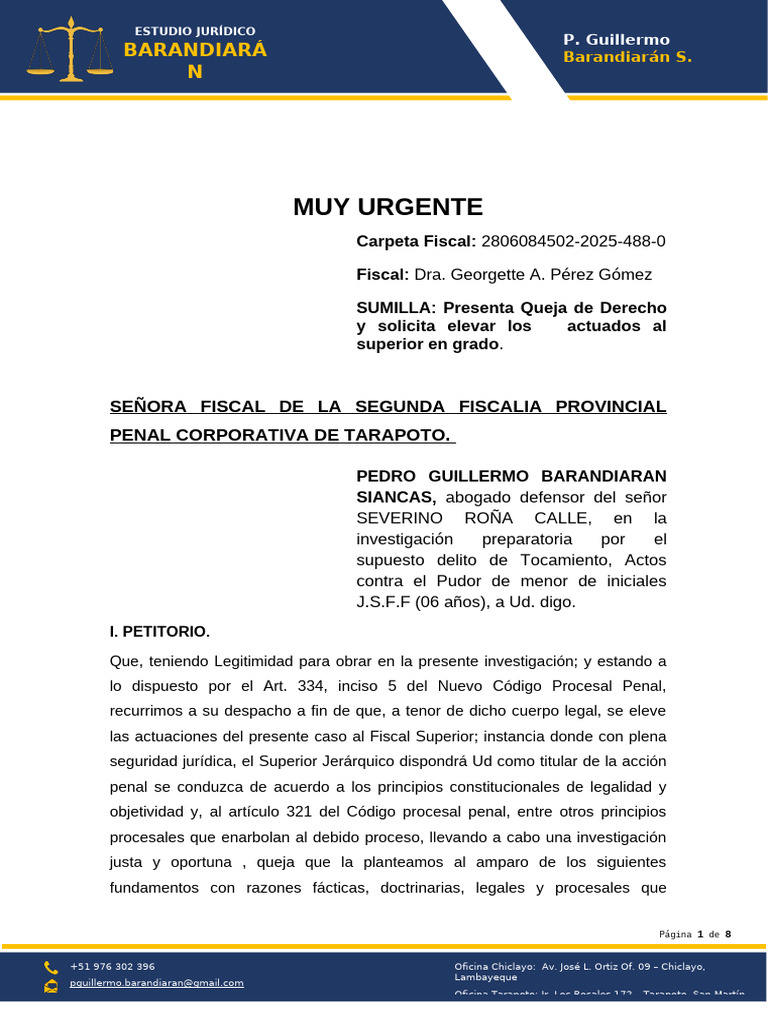 Presenta Queja de Derecho y Solicita Elevar Los Actuados Al Superior en Grado | PDF | Fiscal ...