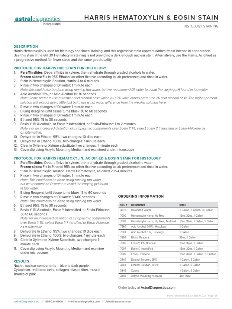 Harris Hematoxylin Eosin Sheet | PDF | Histology | Staining