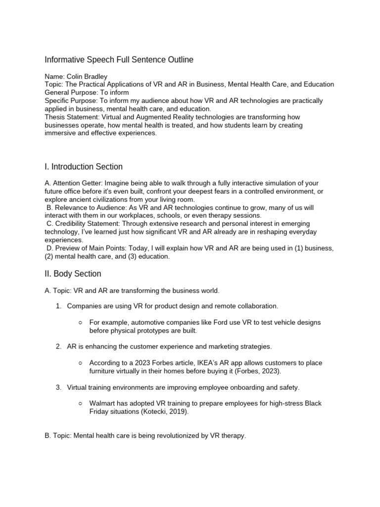 Informative Speech Full Sentence Outline | PDF | Augmented Reality ...