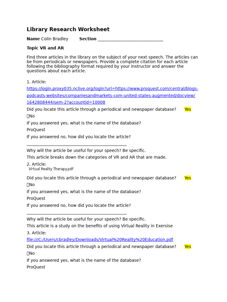 Library Research Worksheet | PDF