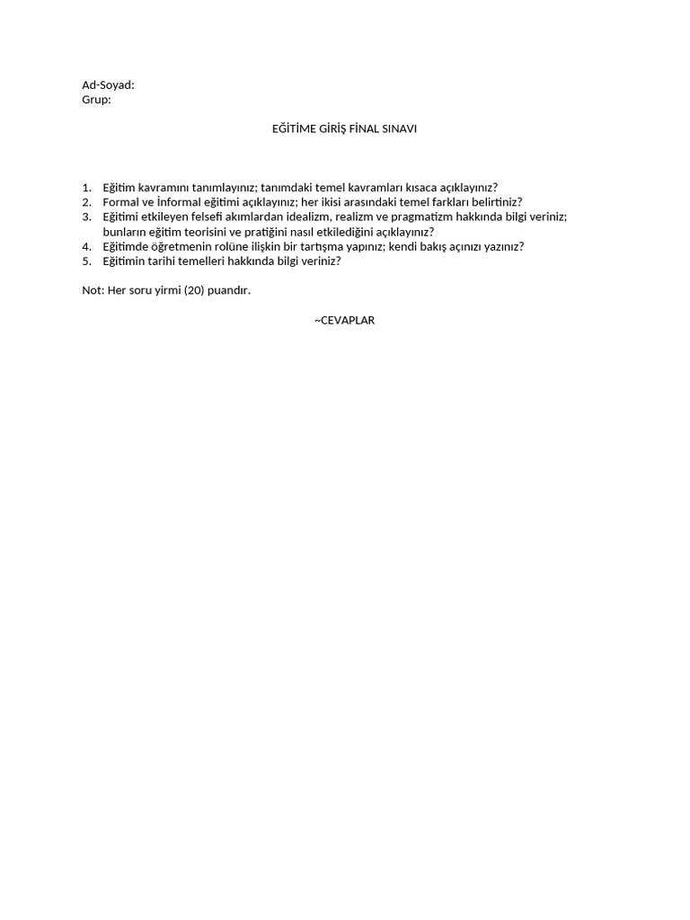 Egitime Giris Final Sinavi | PDF