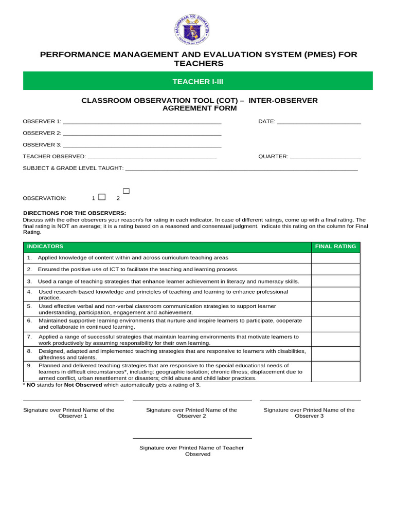 Annex C-5 - COT Inter-Observer Agreement Form For Proficient Teacher ...