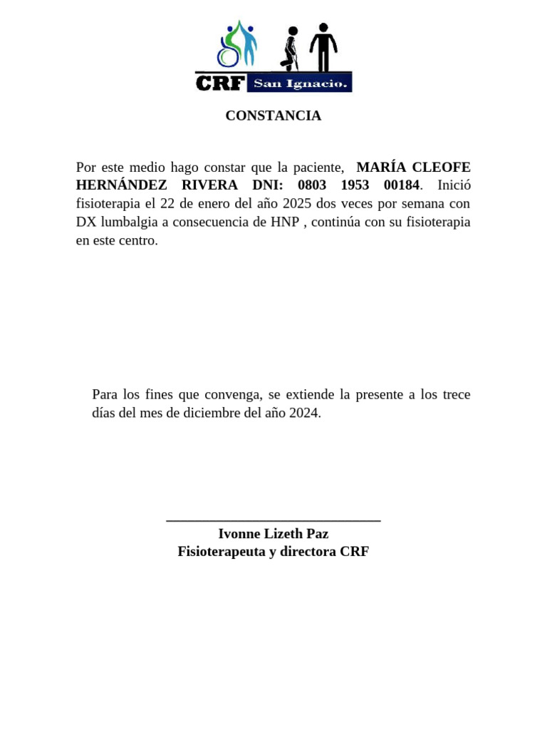 Constancia de Fisioterapia para Lumbalgia | PDF