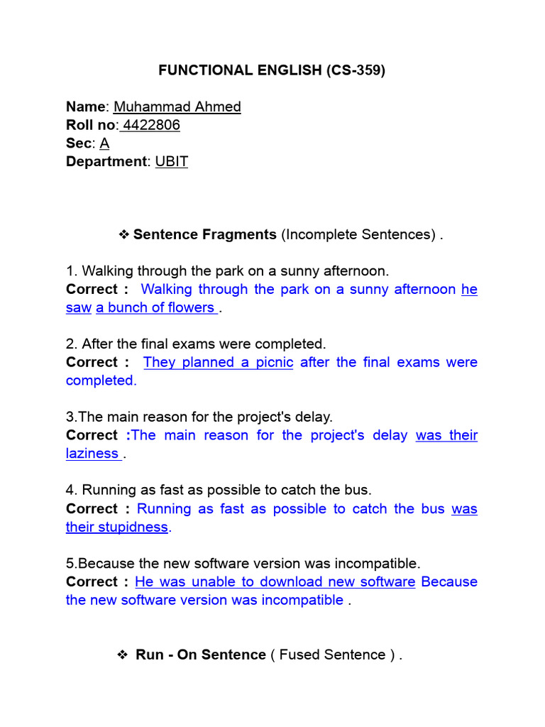 Fixing Common Sentence Errors | PDF