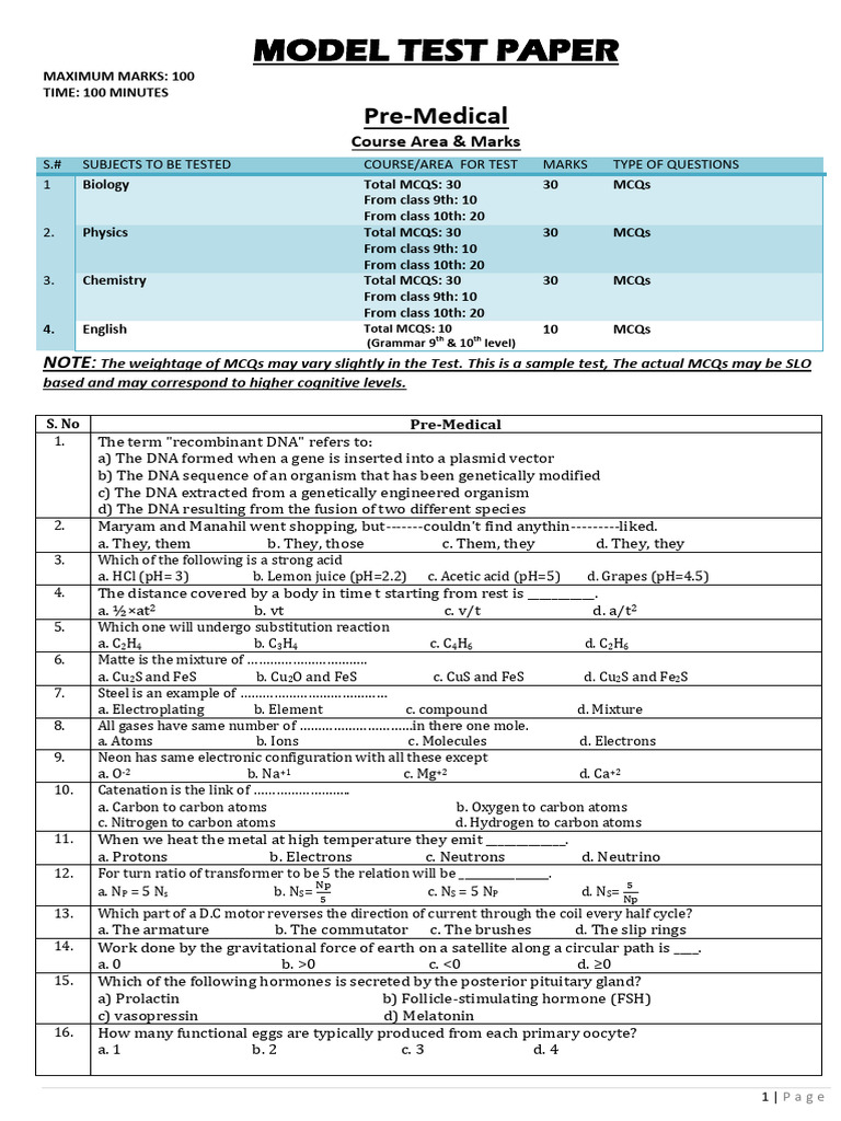 College Model Test Paper Pre Medical | PDF | Genetics | Atoms