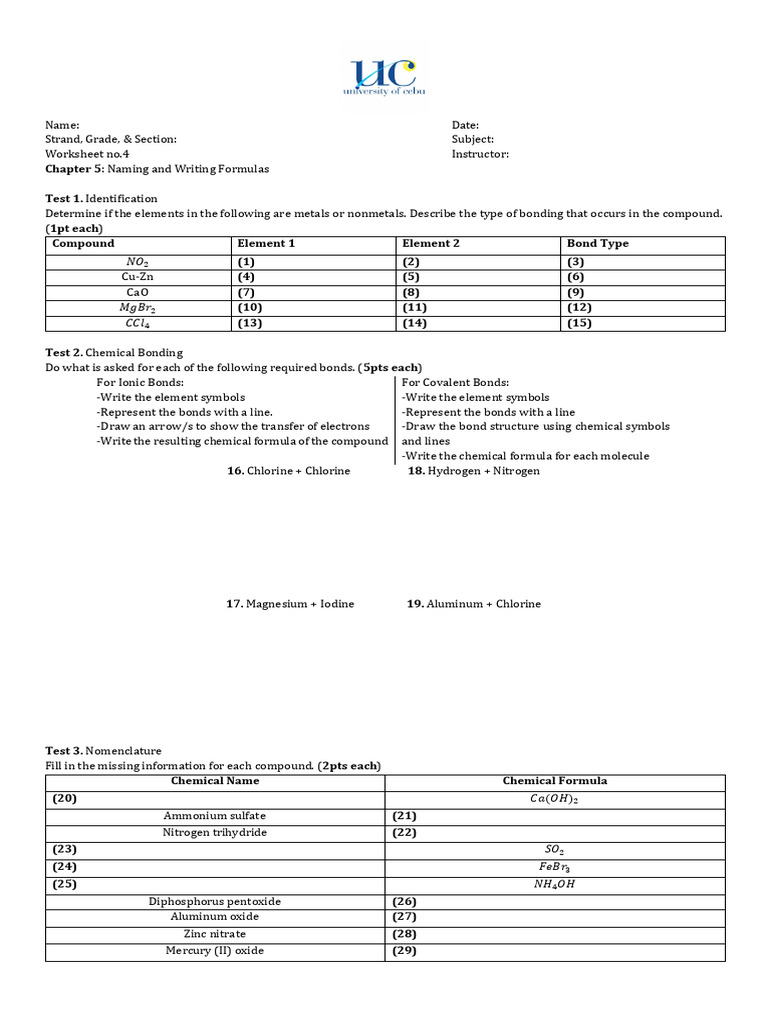 CHEM1 Worksheet#4 NamingAndWritingFormulas | PDF | Chlorine | Chemical ...