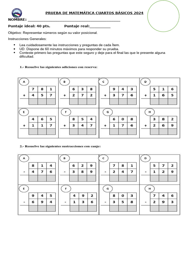 Prueba de Matemática Valor Posicional | PDF