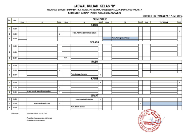 JADWAL KULIAH SMT GENAP TA 2024_2025 IF KELAS B | PDF
