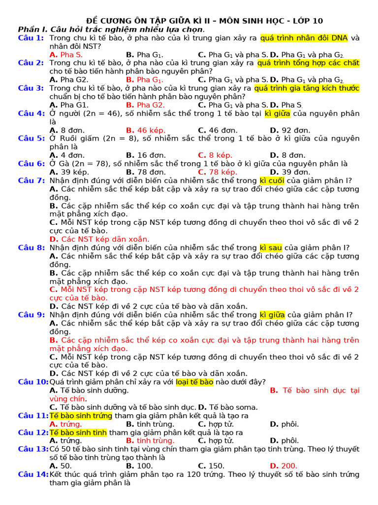 Đề Cương GK 2 - Môn Sinh- 10a1,3 | PDF