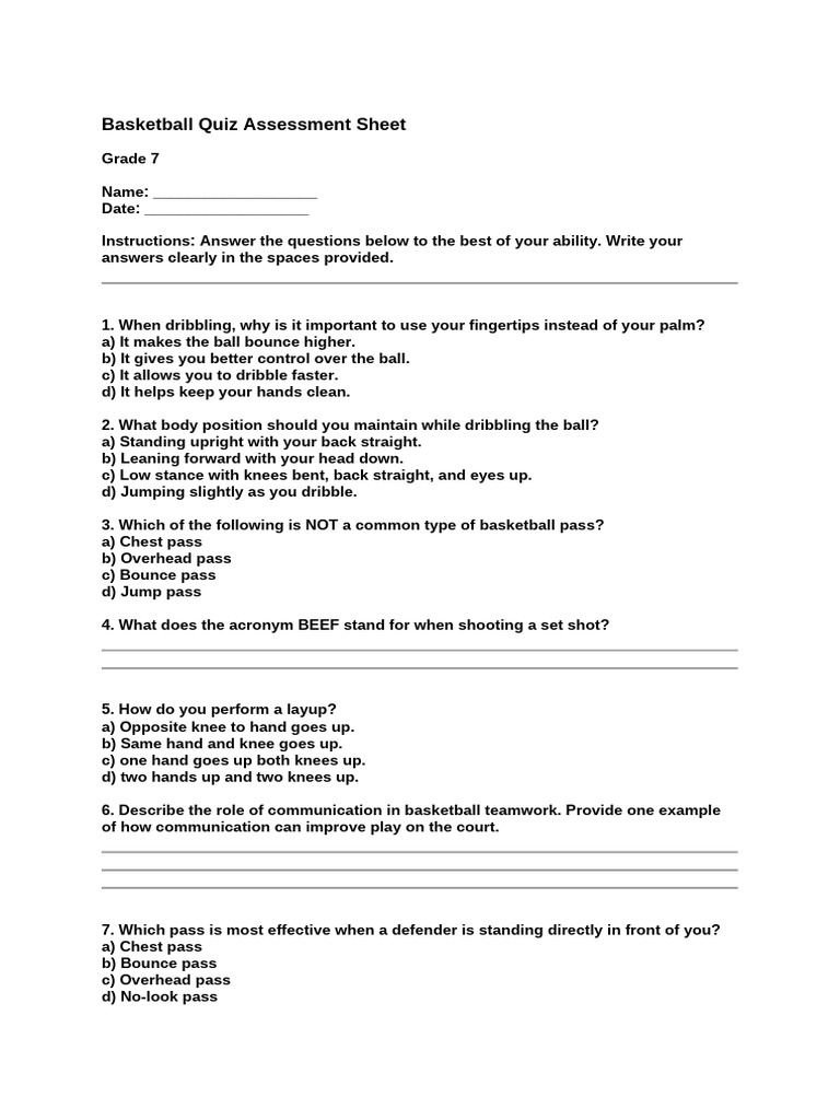 Grade 7 Basketball Quiz Assessment | PDF