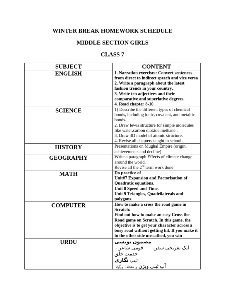 Winter Break Homework Schedule Class 7 | PDF