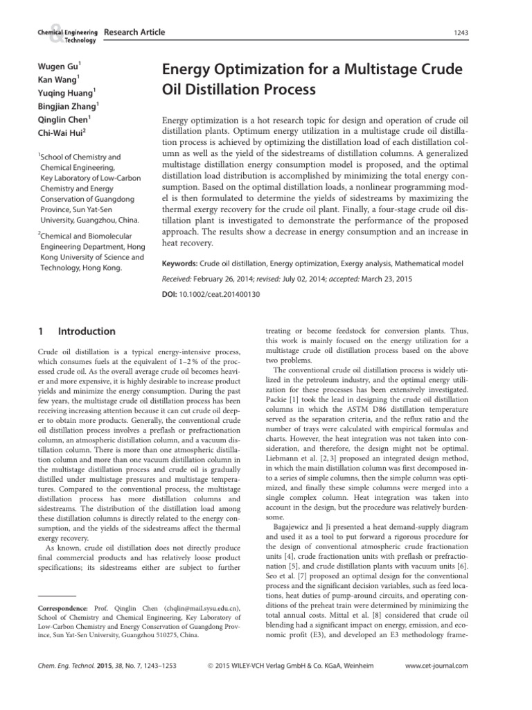 Energy Optimization For Multistage Crude Oil Distillation Process | PDF | Distillation | Exergy