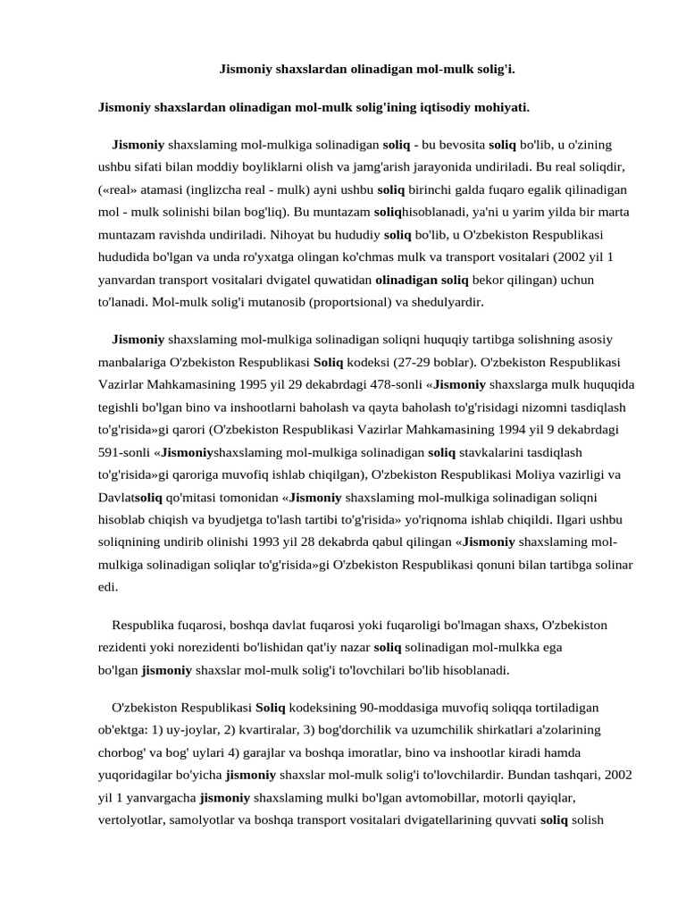 Jismoniy Shaxslardan Olinadigan Mol-Mulk Solig'i | PDF
