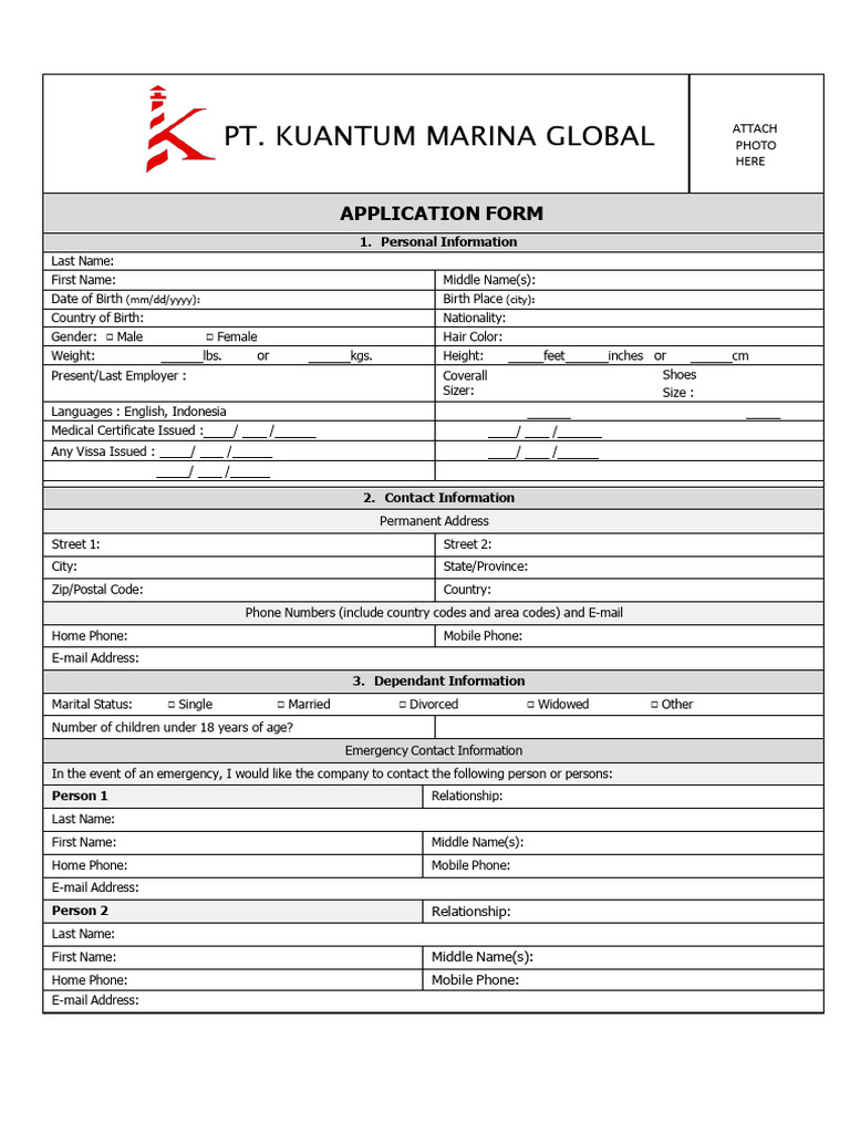 PT. Kuantum Marina Global Application Form | PDF
