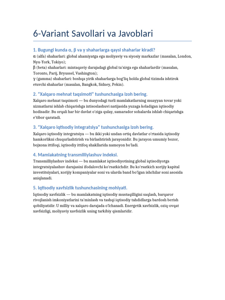 6-Variant Savollar Va Javoblar | PDF