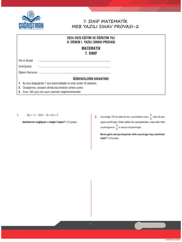 Sinif Yazili Sinav Provasi (2) (3) - 1 | PDF