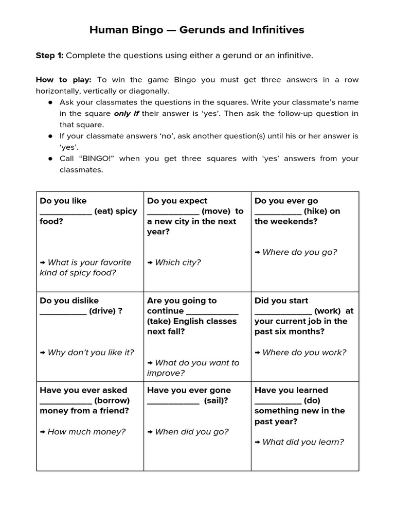 Human Bingo: Gerunds & Infinitives Game | PDF