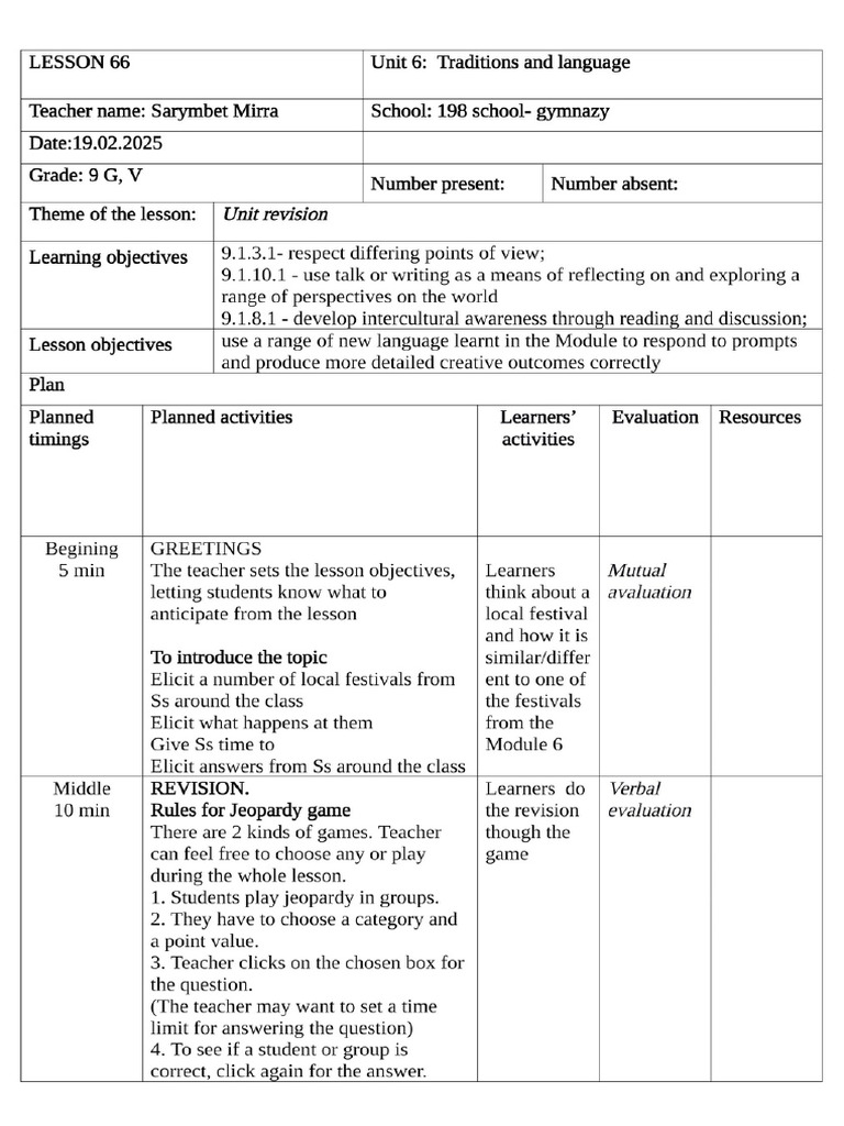 9 Grade Lesson Plan | PDF