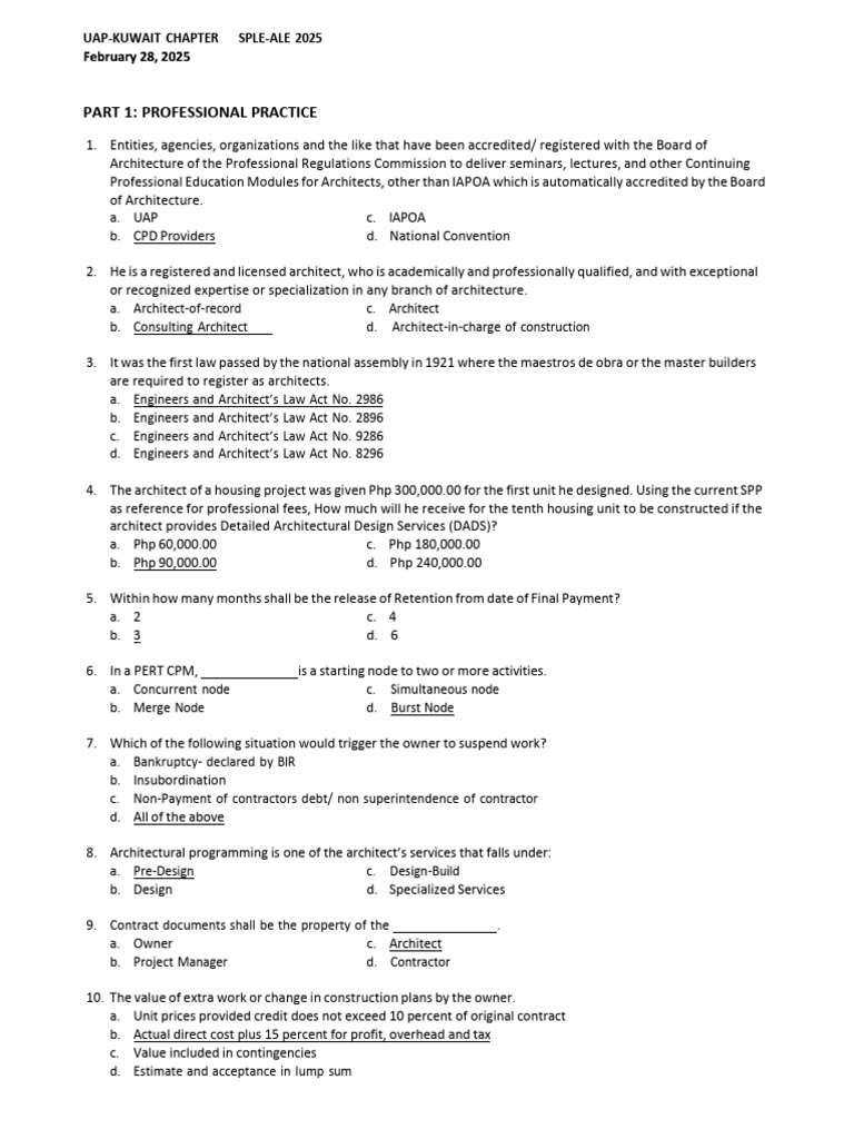 Professional Practice Answer Key - 01 | PDF | Architect | Per Diem