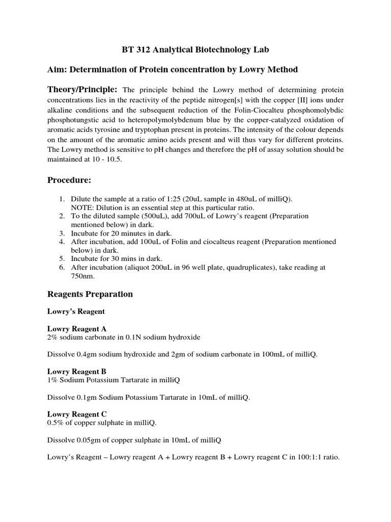 Protein Estimation by Lowry - Protocol | PDF | Chemistry | Chemical Substances