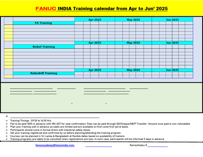 FANUC India Training Calendar 2025 | PDF | Automation | Robotics