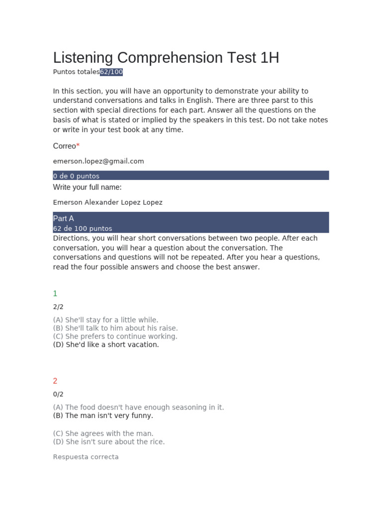 Listening Comprehension Test 1H Result | PDF