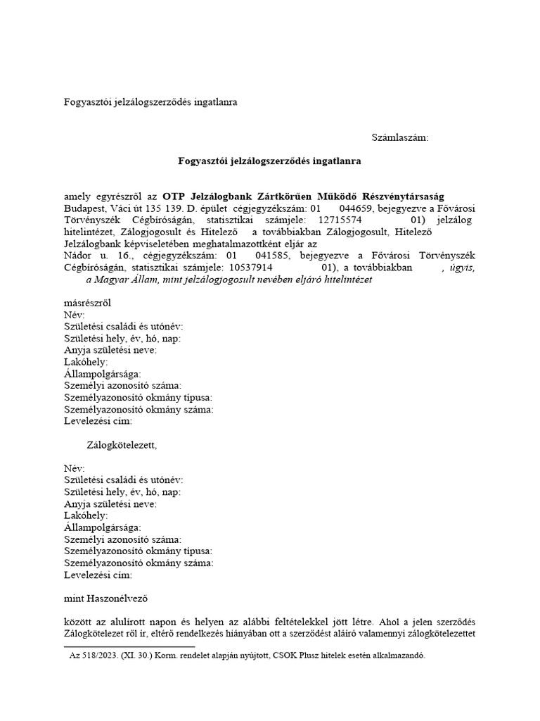 Mintaszerzodes Jelzalogszerzodes 20250404 | PDF