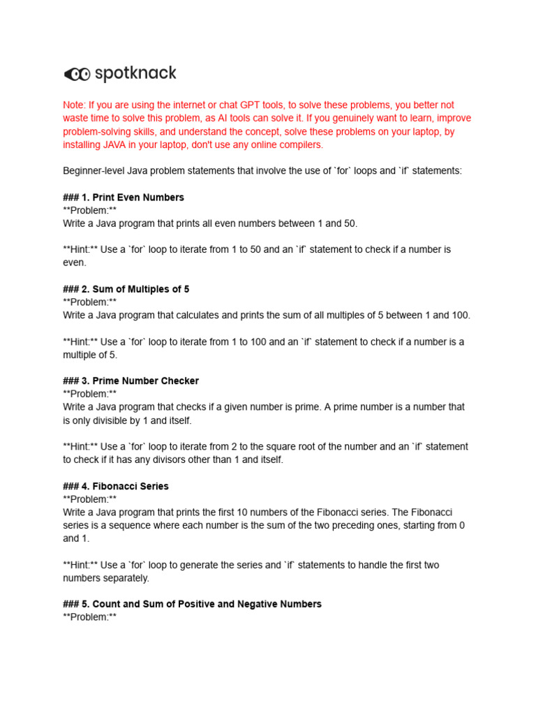 Spotknack - Java- Beginner - for and if | PDF | Control Flow | Numbers