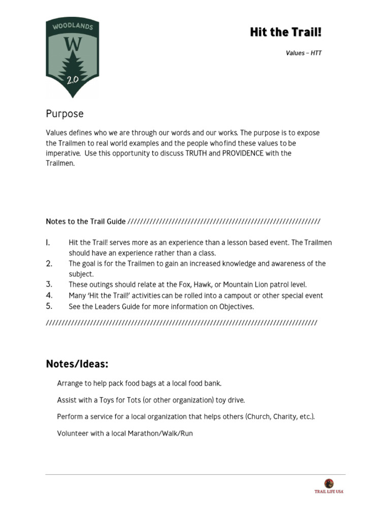 Values Hit The Trail Activity List | PDF