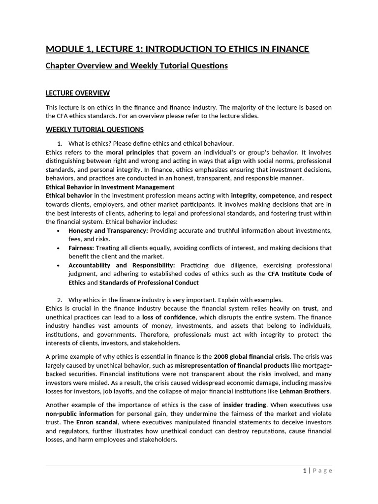 FIN20016_Module1_Lecture1_Ethics_in_Finance_Questions and Answers | PDF | Foreign Exchange ...