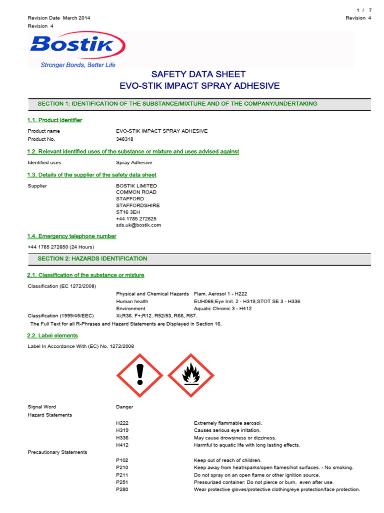 Evo Stik Impact Spray Adhesive 500ml GPID 1000335163 COSHH 00 | PDF ...