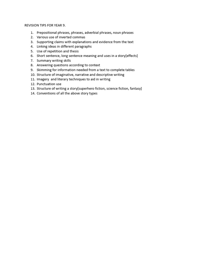 Year 9 Revision Writing Tips | PDF