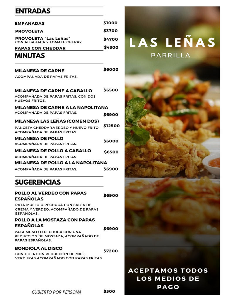 Menú Parrilla Las Leñas | PDF | ensalada | Carne