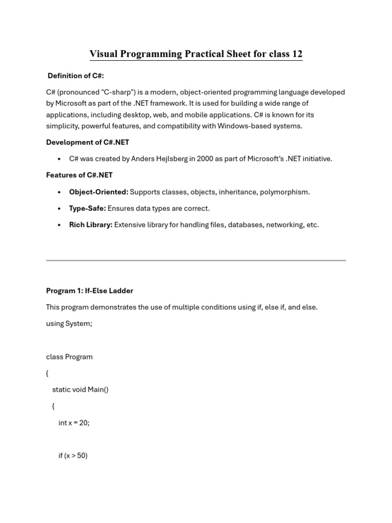 Visual Programming Practical Sheet For Class 12 Pdf C Sharp Programming Language Object