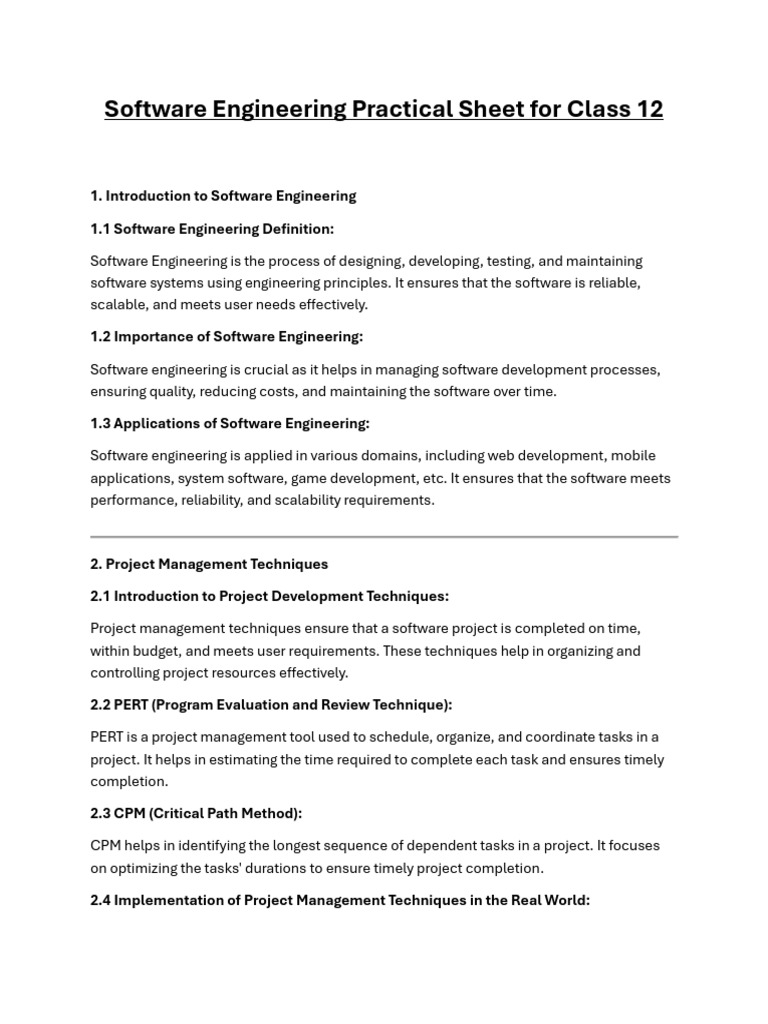 Software Engineering Practical Sheet For Class 12 | PDF | Project ...