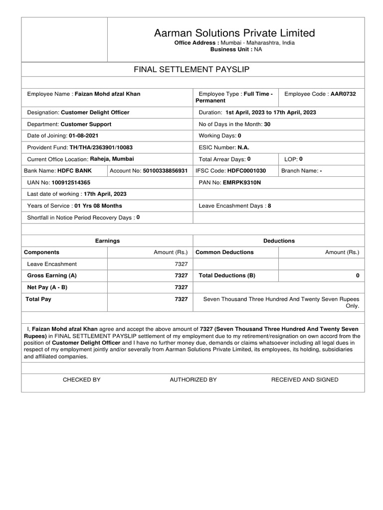 Aarman Solutions Private Limited: Final Settlement Payslip | PDF | Payments