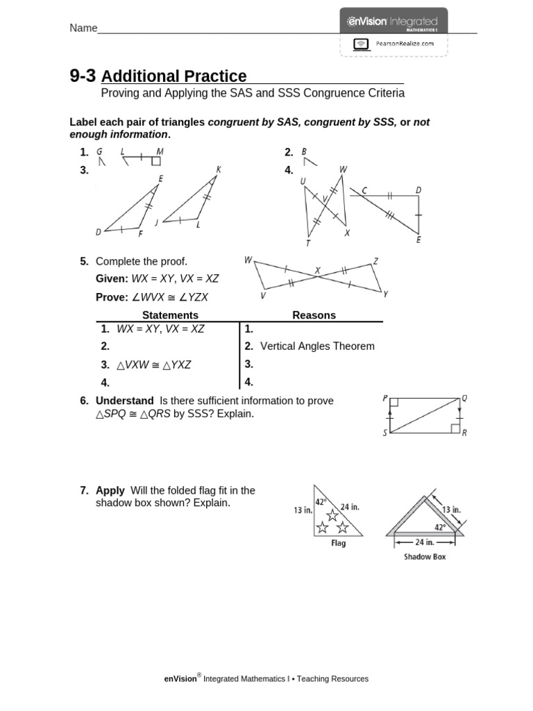 Additional Practice: Proving and Applying The SAS and SSS Congruence ...