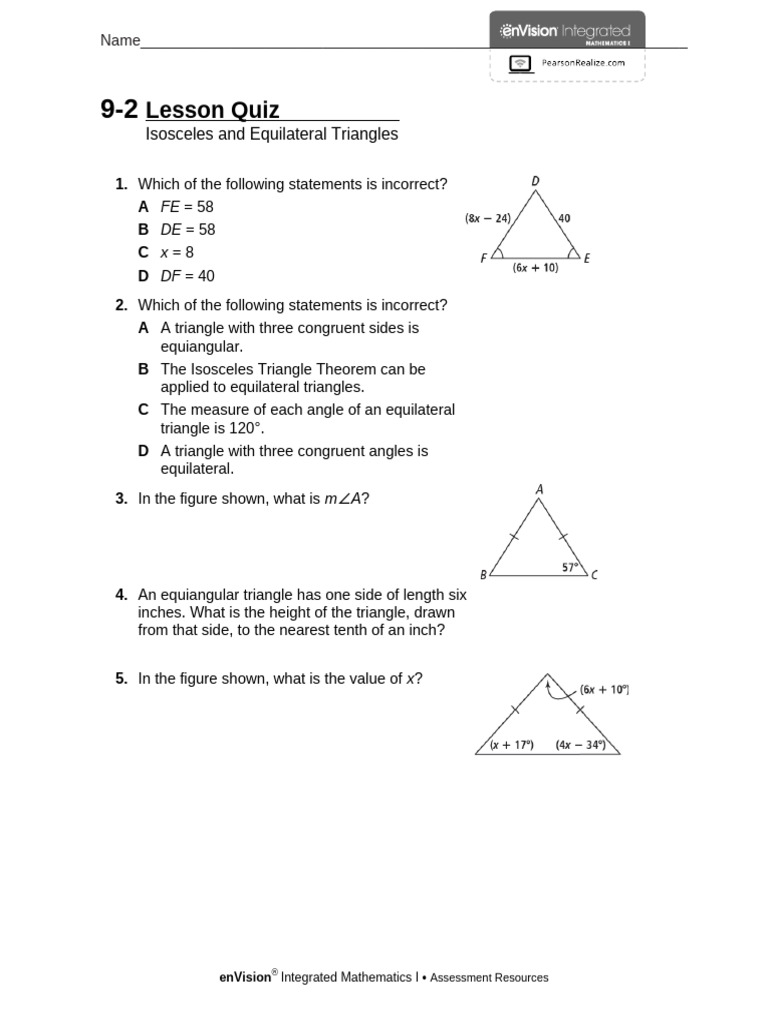 Lesson Quiz: Isosceles and Equilateral Triangles | PDF