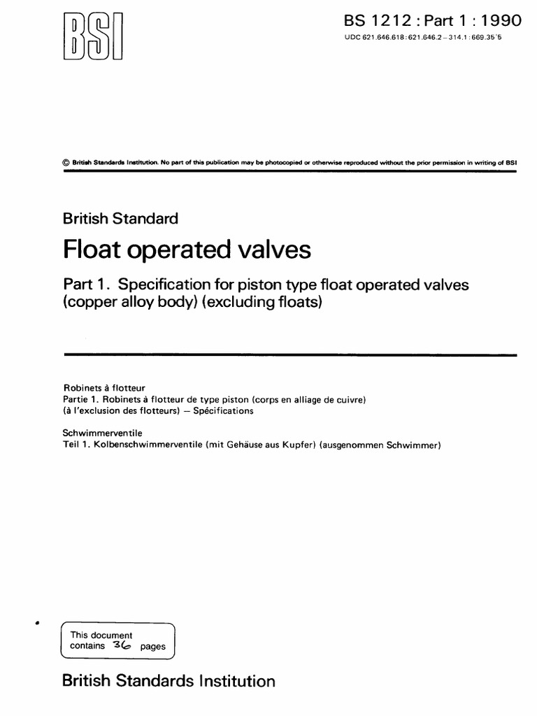 BS 1212-1 1990 Float Operated Valves Specification For Pist | PDF
