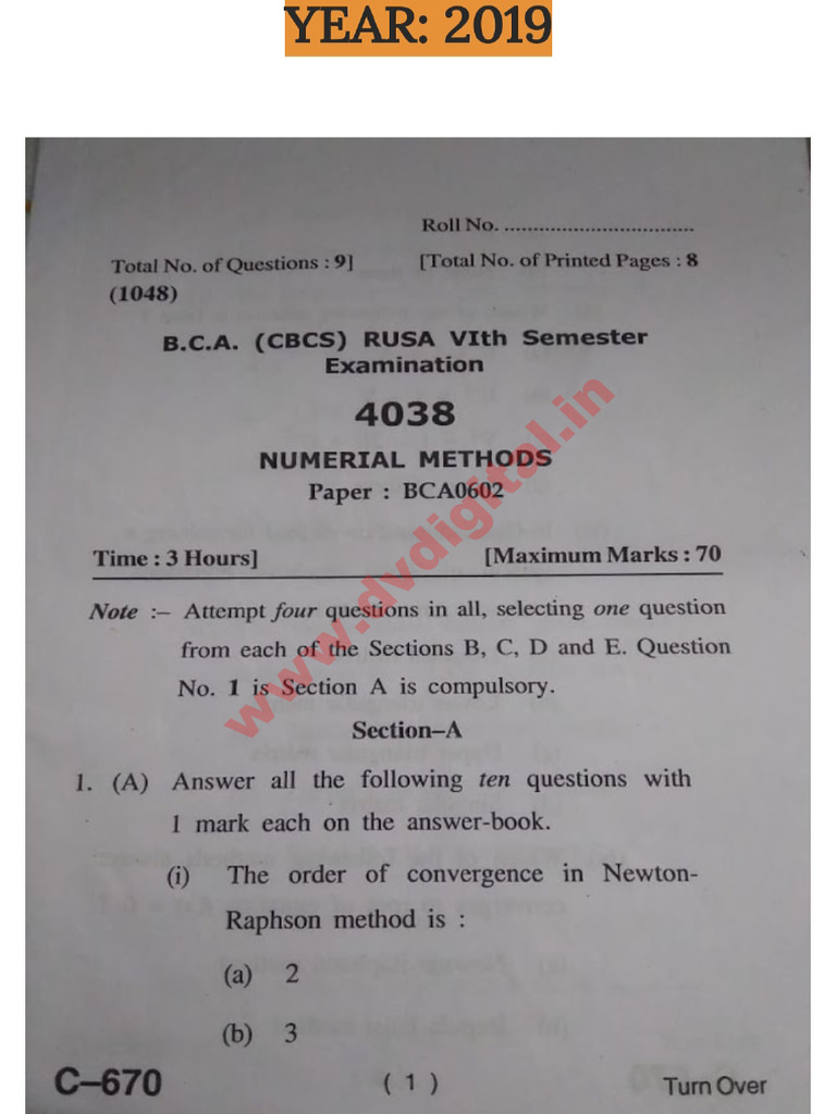 BCA-0602 6th Semester Numerical Methods 2019 | PDF