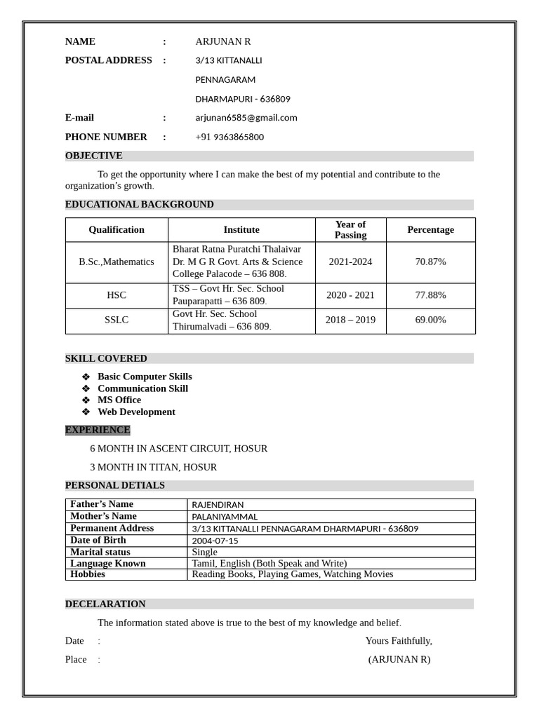 Arjunan Resume 1 | PDF