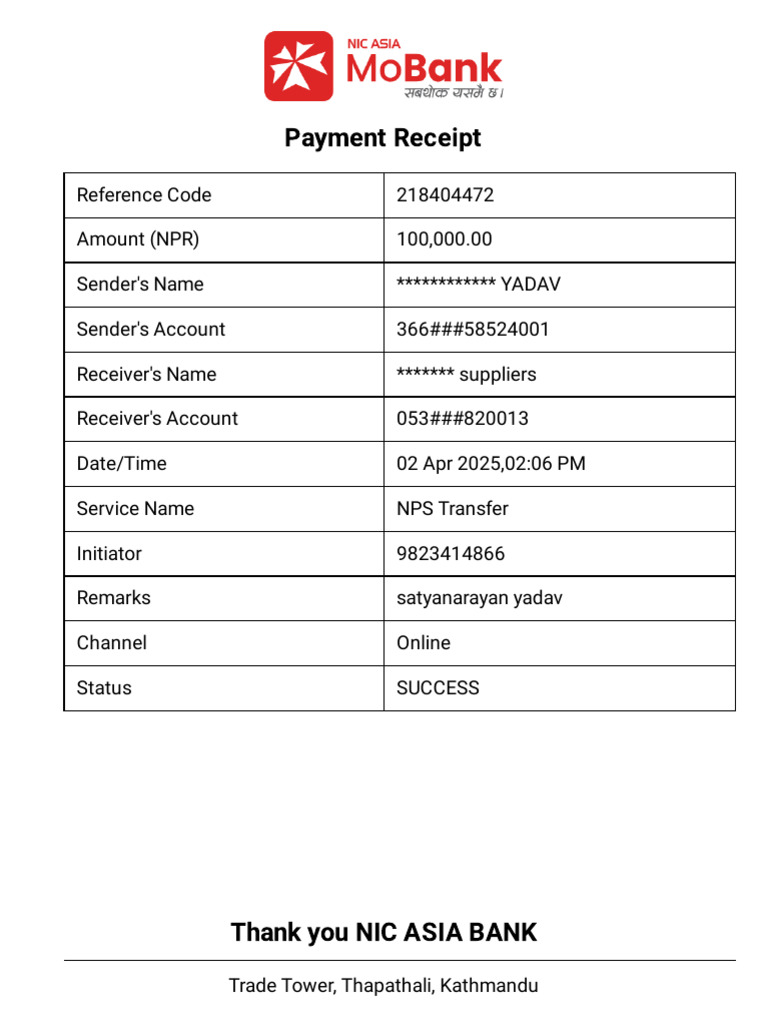 NPS Transfer Payment Receipt - NIC ASIA Bank | PDF