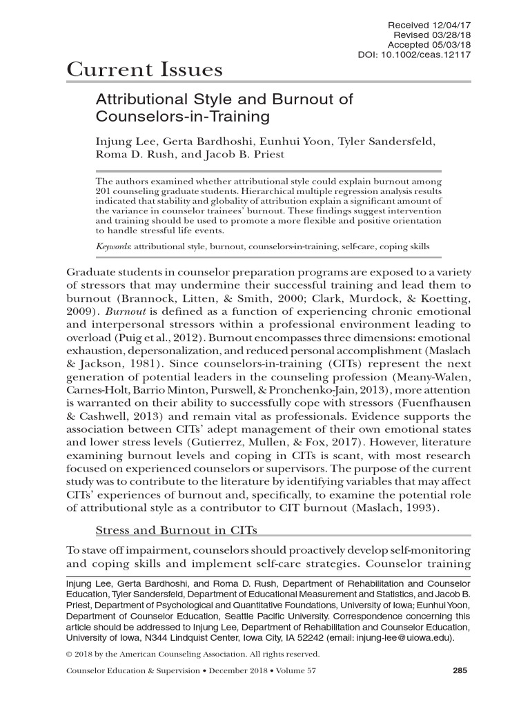 Attributional Style and Burnout of Counselors-in-Training | PDF ...