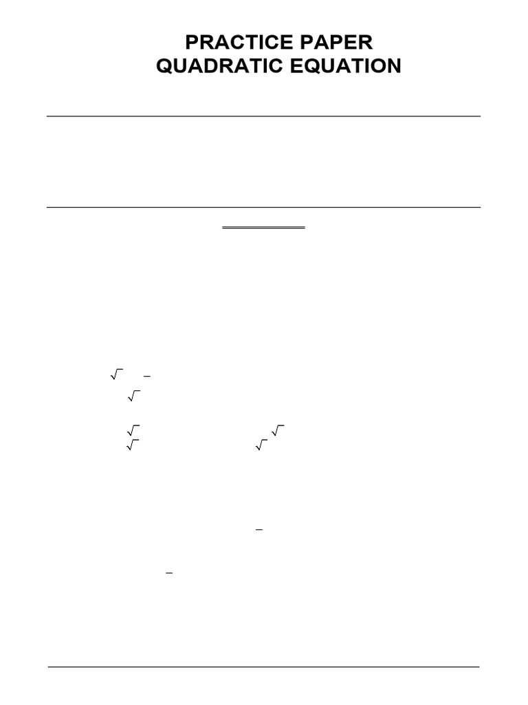 Quadratic Equations Practice Paper | PDF | Mathematical Concepts ...