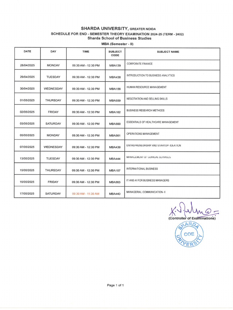 Schedule of ESE (SSBS) - II Sem. - 2024-25 | PDF