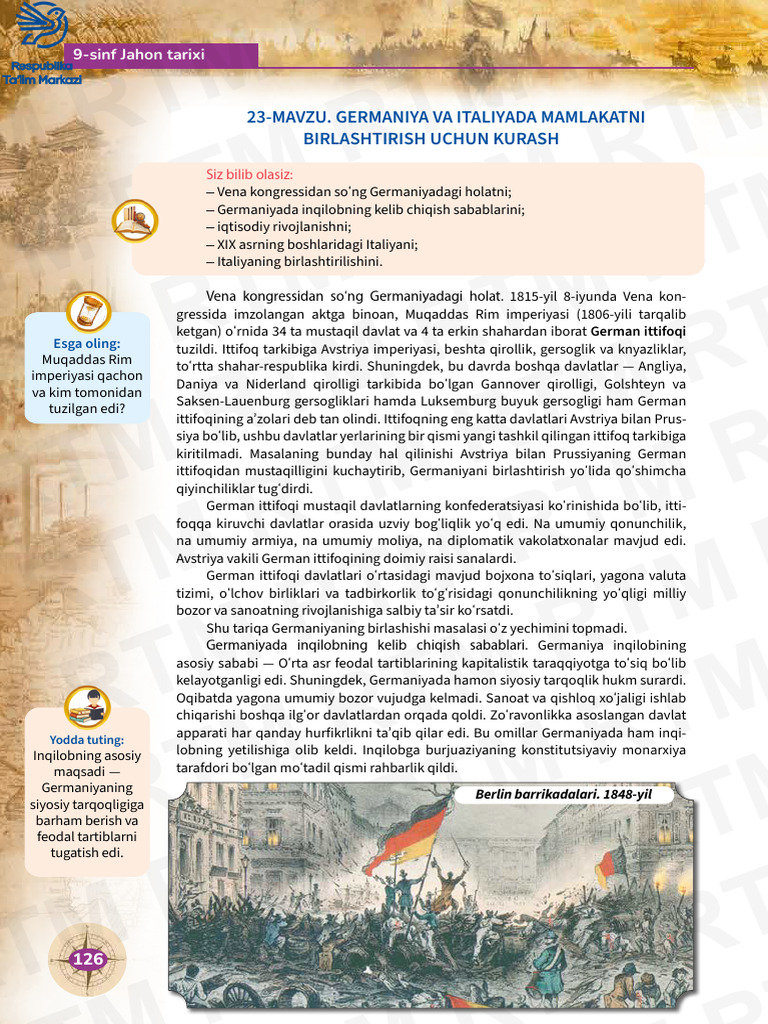 9-Sinf Jahon Tarixi Germaniya Va Italiya | PDF