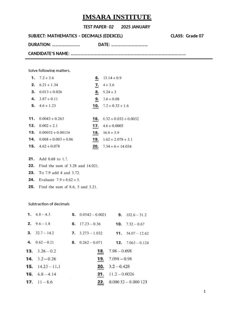 Grade 07 Math Test Decimals 2025 Pdf